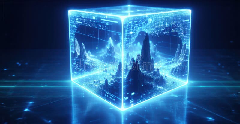 Futuristic Holographic Cube Displaying a Digital Landscape with Glowing ...