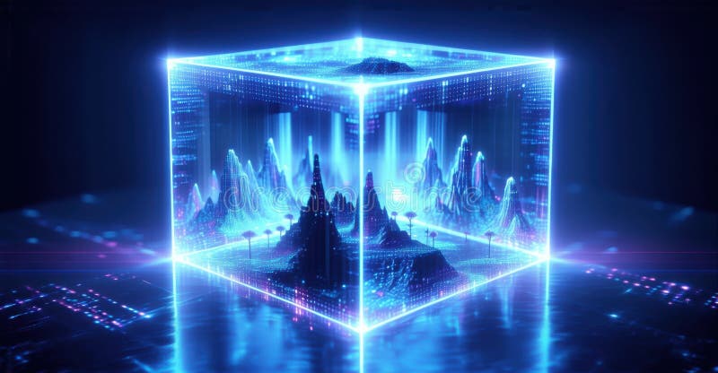 Futuristic Holographic Cube Displaying a Digital Landscape with Glowing ...