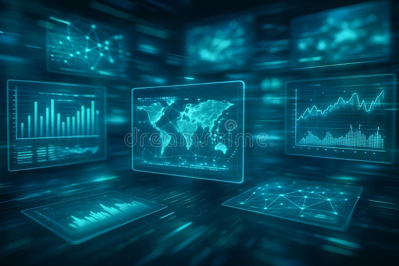 Futuristic Holographic Data Display with Global Maps and Graphs in Blue ...