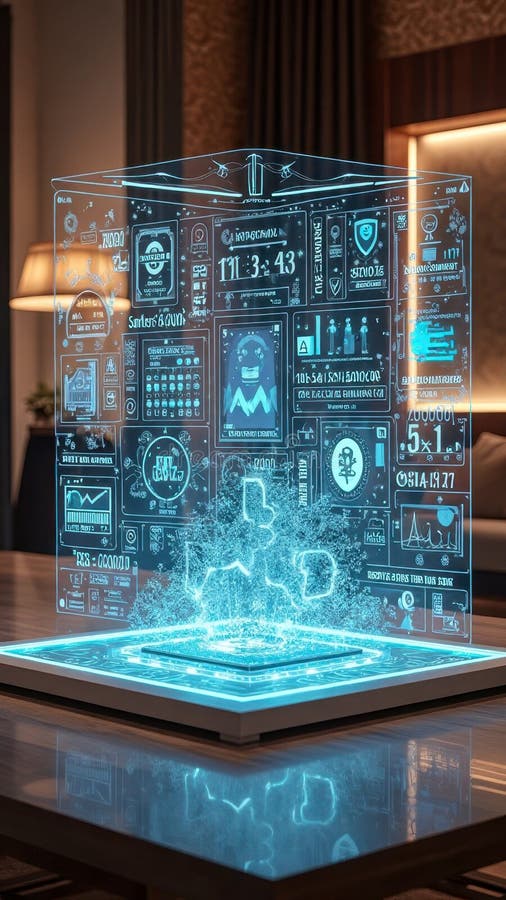 Futuristic Holographic Display with Digital Graphics in Modern Interior ...
