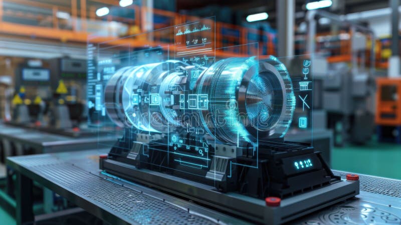 Futuristic Holographic Display of an Engine Part in a Modern Industrial ...