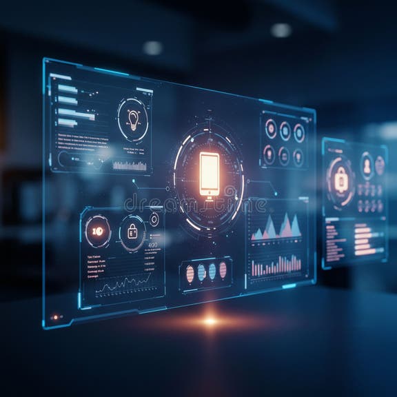 Futuristic Holographic Display Featuring Digital Dashboards and ...