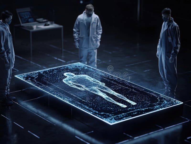 Futuristic Holographic Display with Scientists Analyzing a Human Figure ...
