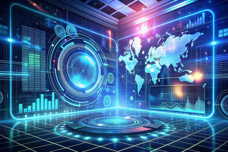 Futuristic Holographic Displays in a Modern Room Stock Illustration ...