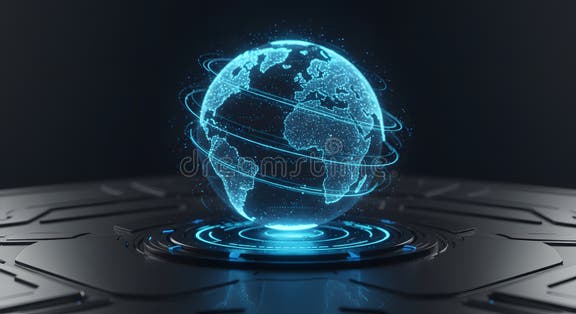 Futuristic Holographic Earth Globe Display on a Dark Tech Platform ...