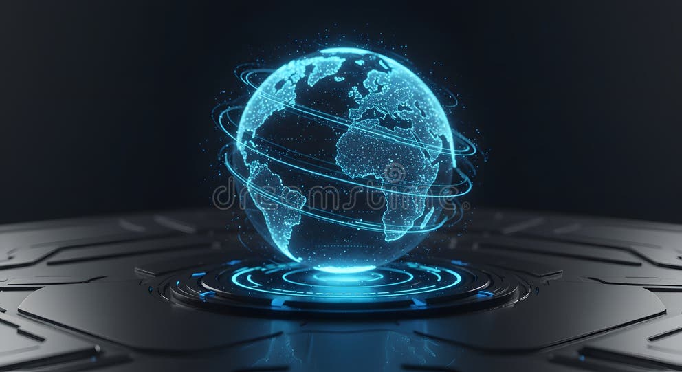 Futuristic Holographic Earth Globe Display on a Dark Tech Platform ...