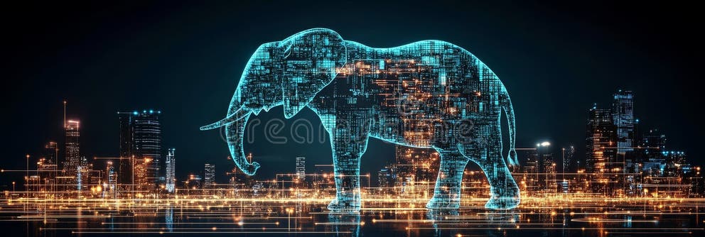 Futuristic Holographic Elephant in a Digital Cityscape, Representing ...