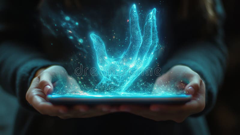 Futuristic Holographic Hand Hovering Above a Tablet Screen Stock Photo ...