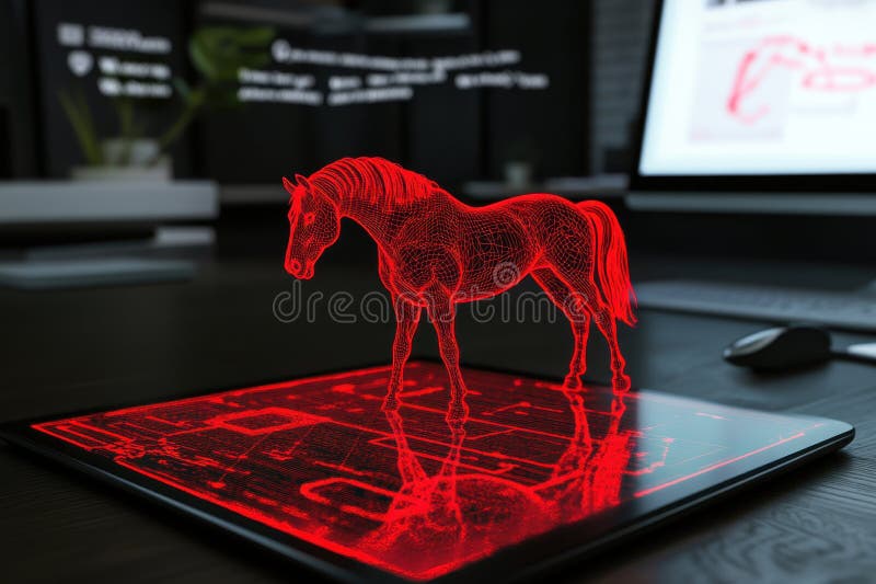 Futuristic Holographic Horse on Tablet in Dark High-Tech Workspace ...