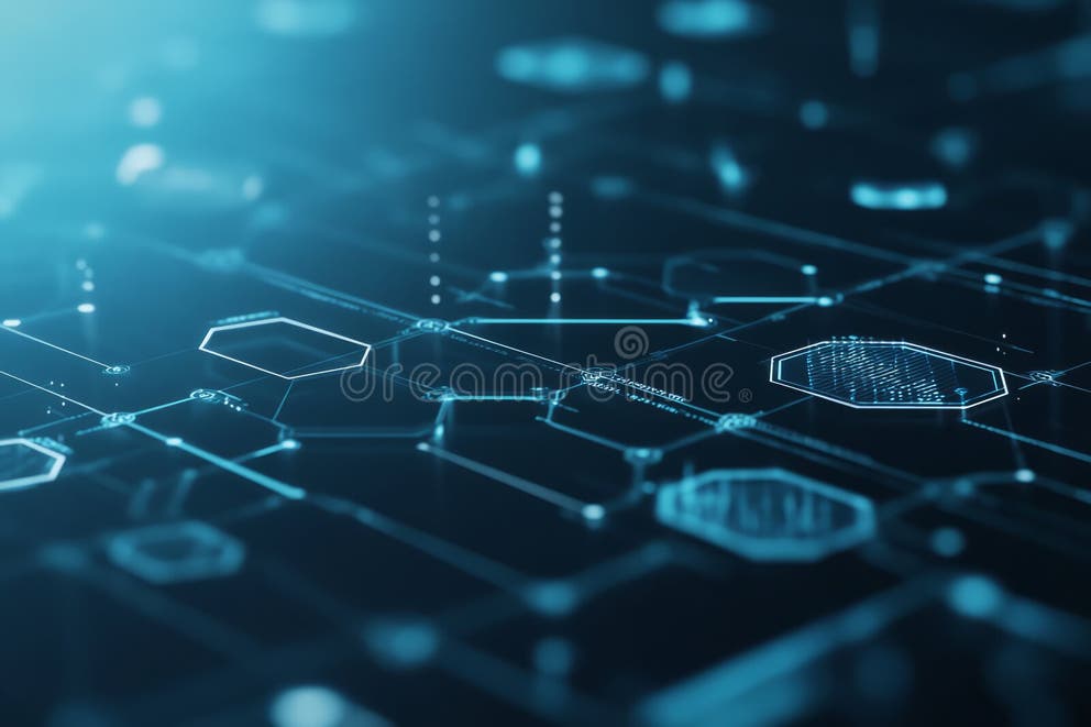 A Futuristic Holographic Interface in 3D Where Floating Hexagonal Grids Display Complex Data ...