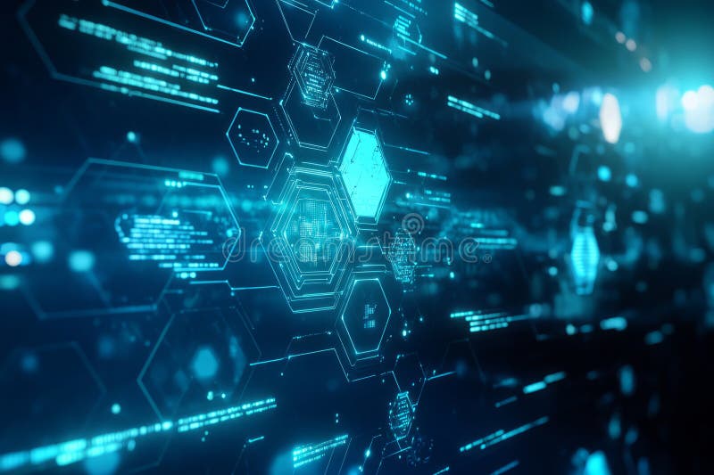 A Futuristic Holographic Interface in 3D Where Floating Hexagonal Grids Display Complex Data ...