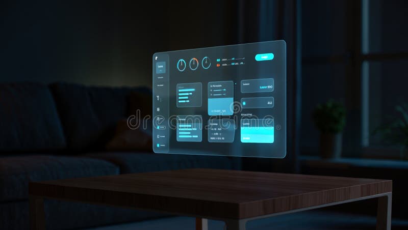 Futuristic Holographic Interface Displays Information on a Modern Table Stock Illustration ...
