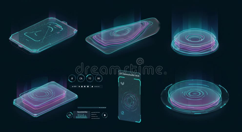 Futuristic Holographic Interface Elements Feature Glowing Geometric ...