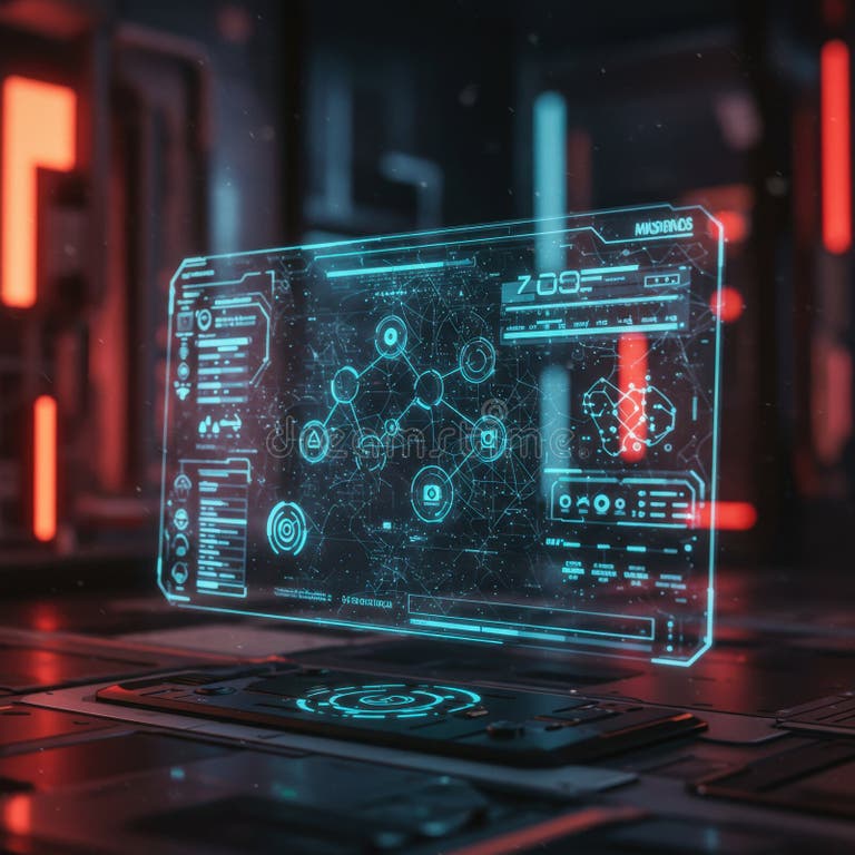 Futuristic Holographic Interface with Glowing Blue Neon Display Stock ...