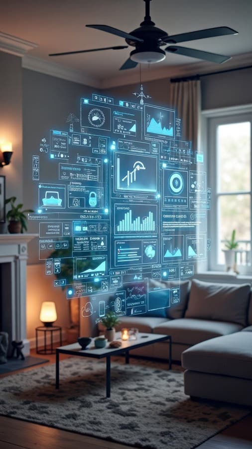 Futuristic Holographic Interface in Modern Living Room with Data ...
