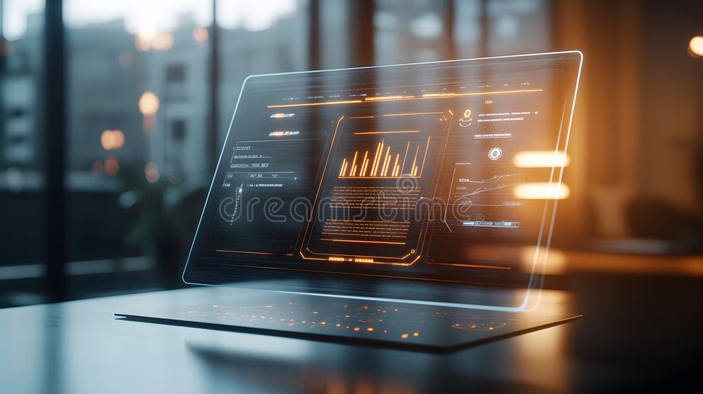 Futuristic Holographic Interface Projected on Transparent Screen in ...