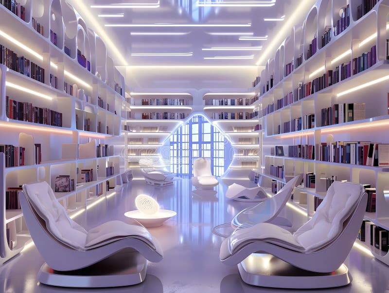 Futuristic Holographic Library with Levitating Lamps and Hover Chairs ...