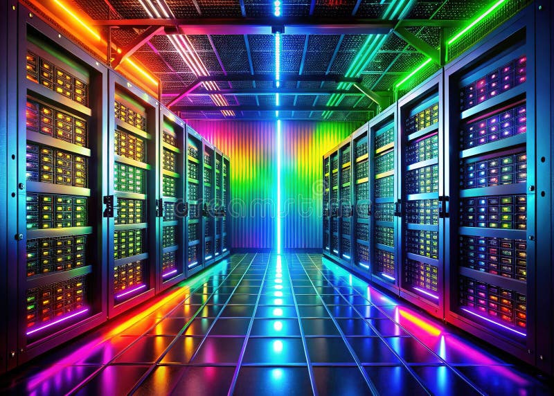 A Futuristic Holographic Neon Server Rack in a Vibrant Pointillist ...