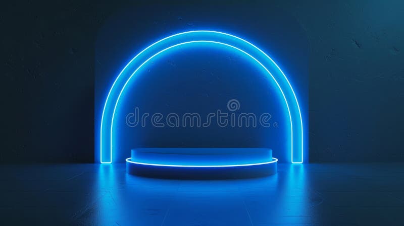 This Futuristic Holographic Platform Features Neon Blue Circles and Beams on a Dark Backdrop ...