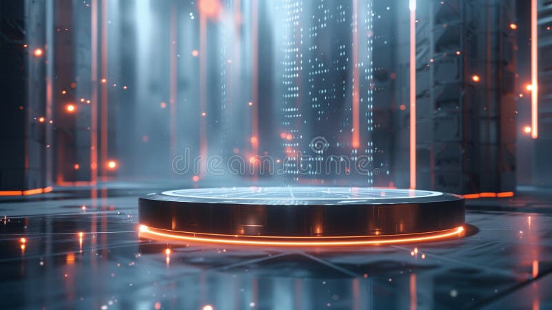 Futuristic Holographic Platform with Neon-lit Environment Stock ...