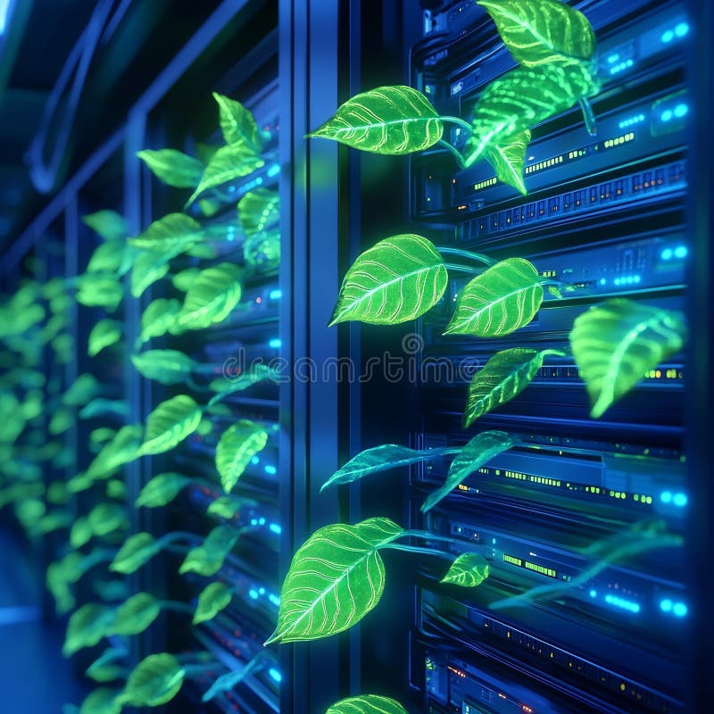 Futuristic Holographic Server Rack with Sustainable Leaf Growth ...