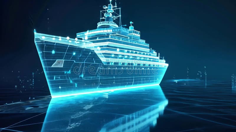 Futuristic Holographic Ship Projection on Water in Digital Blue Light ...