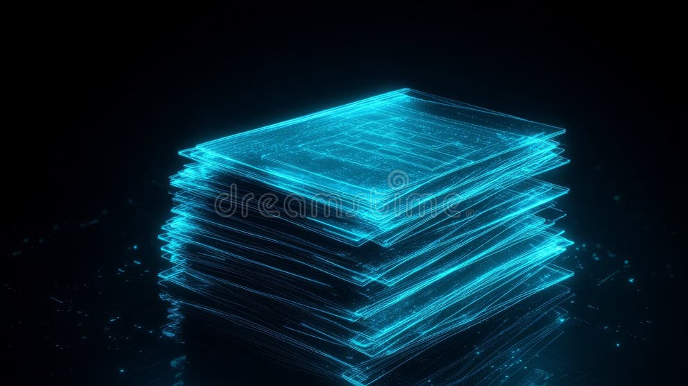 Futuristic Holographic Stack of Digital Data Glowing in Blue. Stock ...