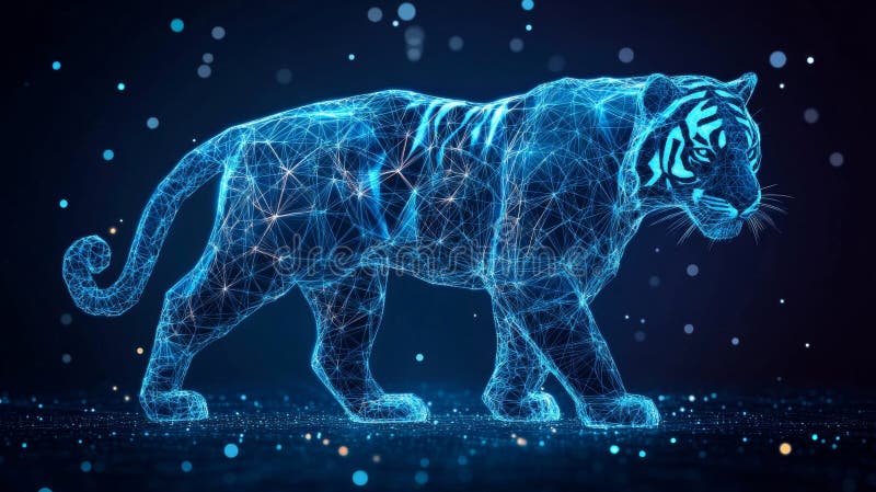 Futuristic Holographic Tiger, Rendered in 3D Wireframe in Digital Space ...