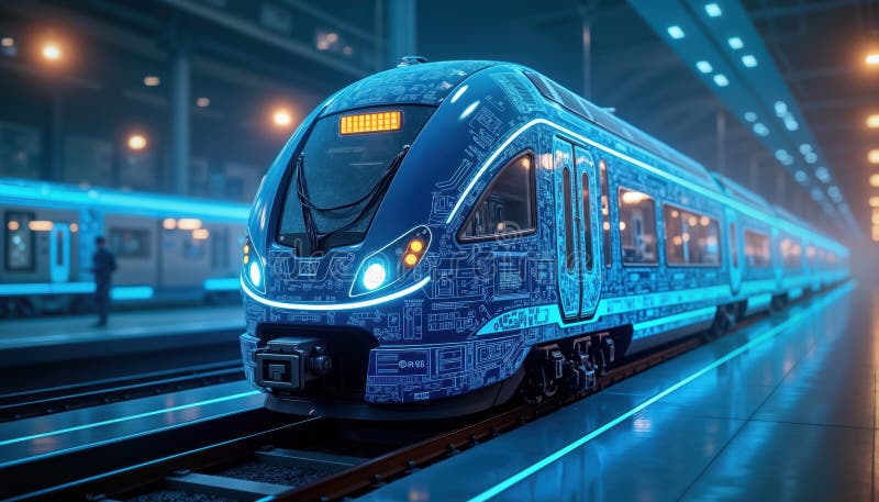 Futuristic Holographic Train Blueprint on Station Platform. Tech ...