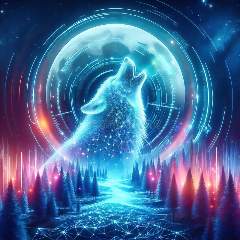 Futuristic Holographic Wolf Howls in Front of Glowing Moon, Digital ...