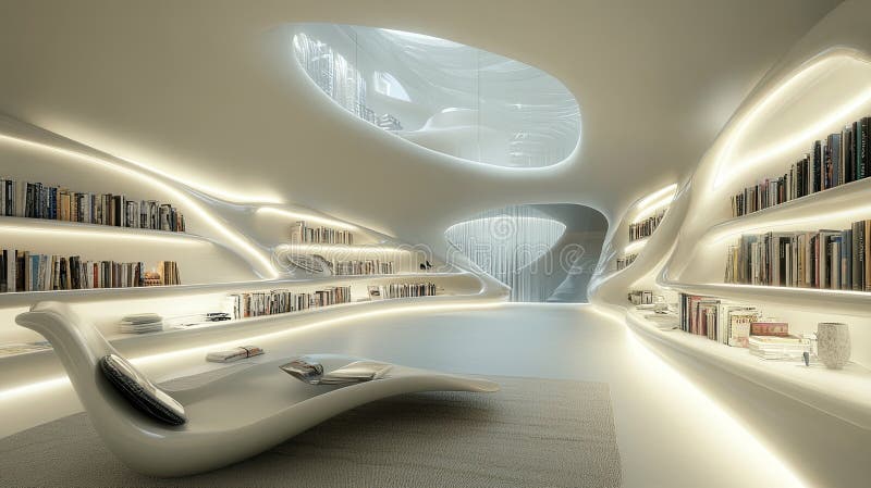 A Futuristic Home Library with Curved Shelves and Integrated Lighting ...