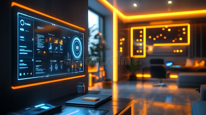 Futuristic Home Office with Smart Screen and Neon Lighting Design Trend ...