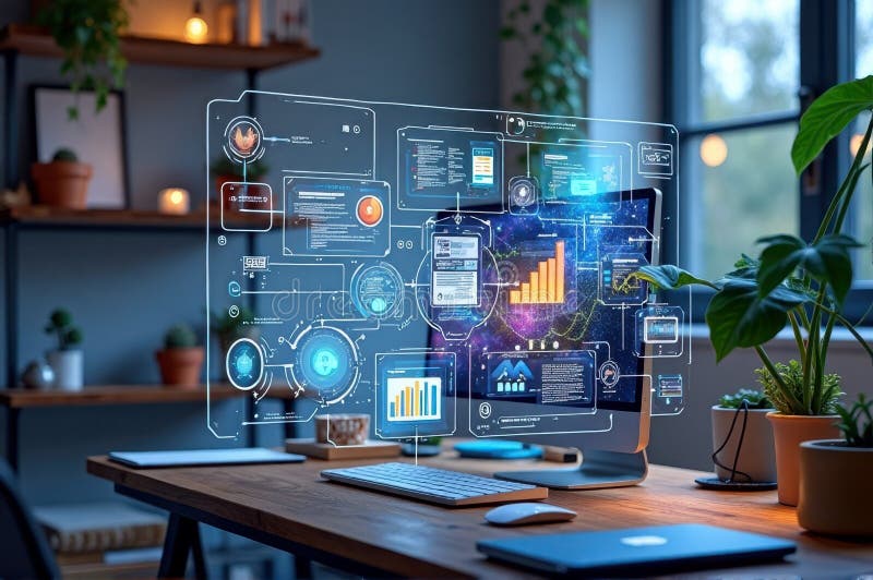 Futuristic Home Office with Holographic Data Display on Desktop ...