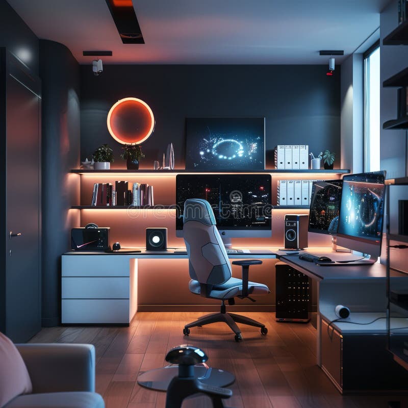Futuristic Home Office Setup Stock Photo - Image of sleek, technology ...