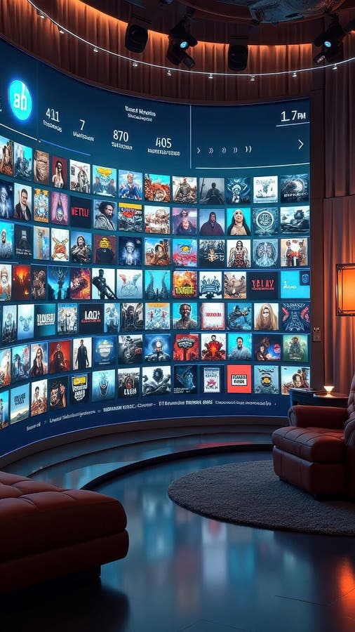 Futuristic Home Theater with Curved Screen Displaying Film Selection ...