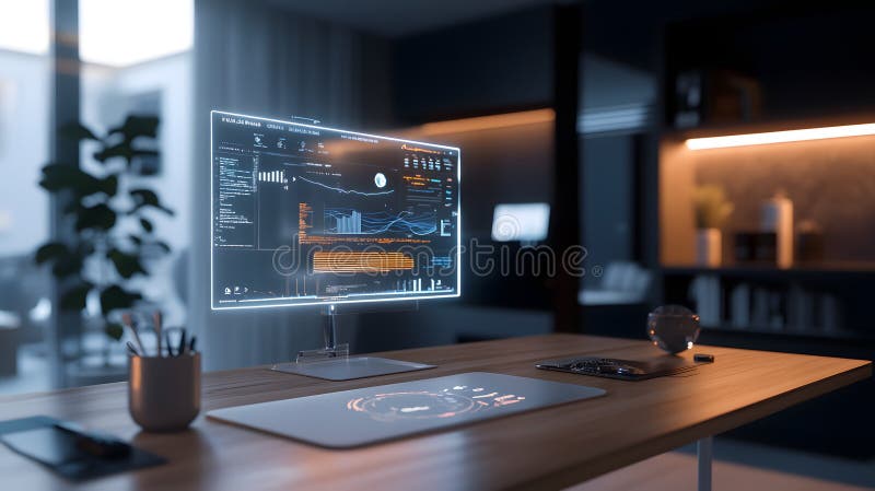 Futuristic Home Workspace with Holographic Screen Stock Image - Image ...