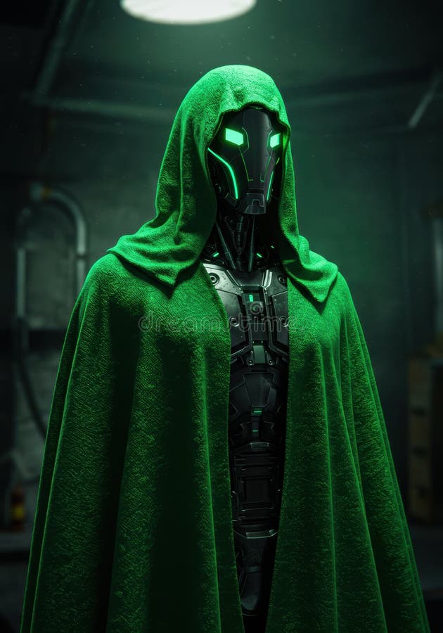 Futuristic Hooded Android with Green Cloak in Mysterious Sci-fi Setting ...
