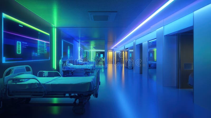 Futuristic Hospital Corridor with Interactive Screens and Ambient ...