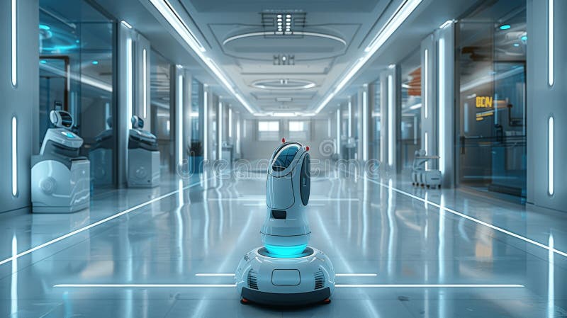 Futuristic Hospital Hall with Advanced Cleaning Robots Sweeping and ...