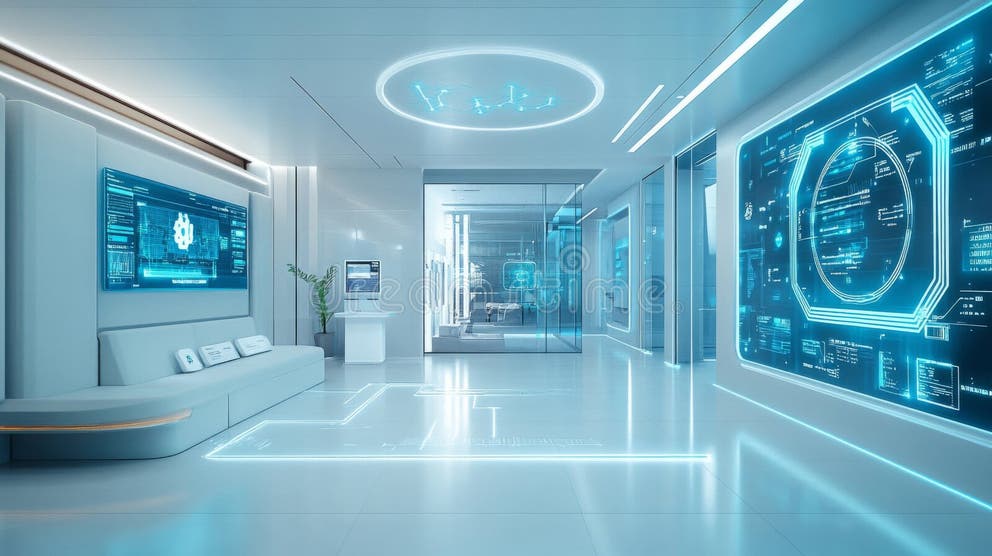 Futuristic Hospital Interior with Digital Interface Screens Stock ...