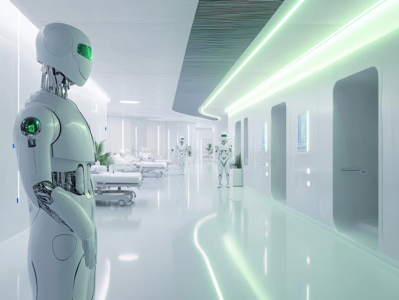 A Futuristic Hospital Interior Features Two Robots One, a Humanoid ...