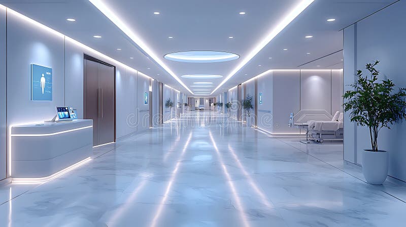Futuristic Hospital Interior Featuring Sleek Design, Bright Lighting ...
