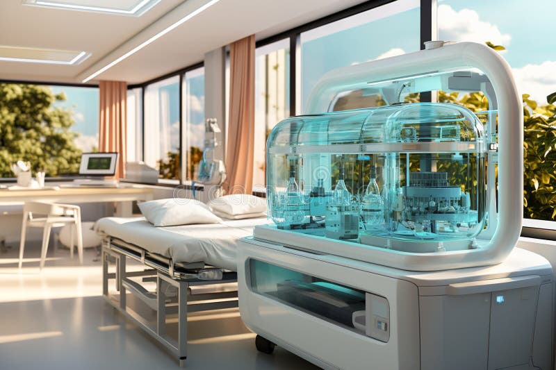 A Futuristic Hospital Room with a Couch and 3D Printer Stock ...