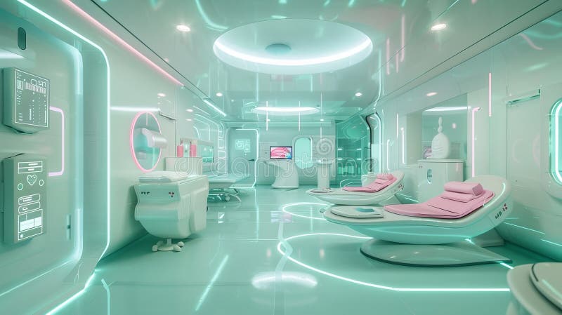 Futuristic Hospital Room with Digital Interface and Lovely Pink Wall ...