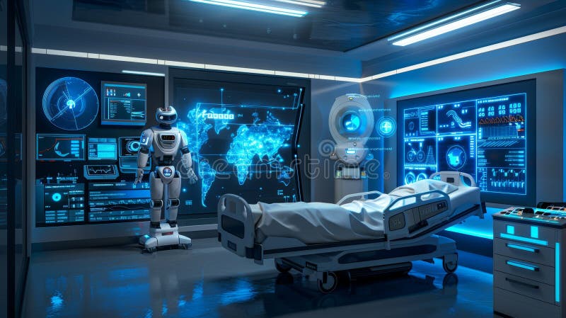 A Futuristic Hospital Room Featuring a Remote Patient Monitored by ...