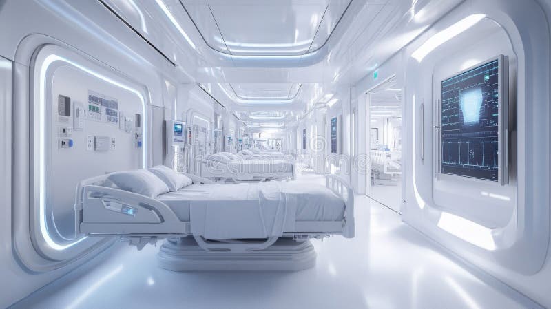 Futuristic Hospital Room with White Beds and Digital Screens Stock ...