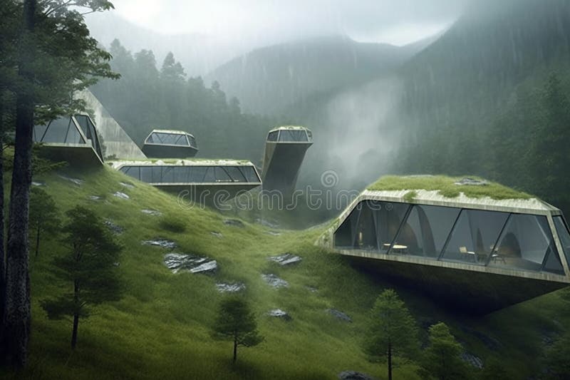 Futuristic Hotel, Forest, Tall Trees, Moss Grass Fields, Architecture ...