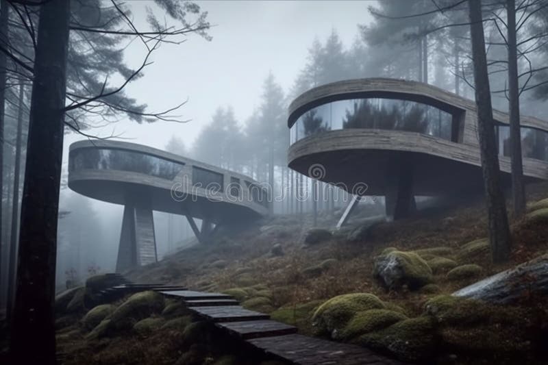 Futuristic Hotel, Forest, Tall Trees, Moss Grass Fields, Architecture ...