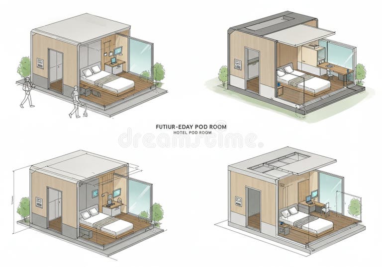 Futuristic Hotel Pod Room Design Featuring Compact, Modular Layouts. Structures are Stock ...