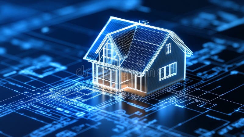 A Futuristic House Blueprint Design Visualized on a Digital Background ...